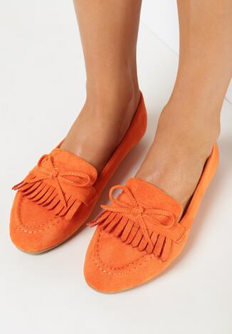 Pomarańczowe Płaskie Mokasyny z Imitacji Zamszu Ozdobione Frędzlami ...
