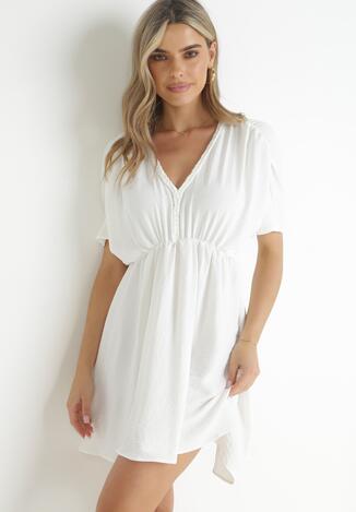 Biała Rozkloszowana Sukienka Mini z Gumką w Pasie i Marszczeniami ...