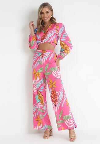 Różowy 2-częściowy Komplet w Kwiaty z Długimi Rękawami i Szerokimi ...