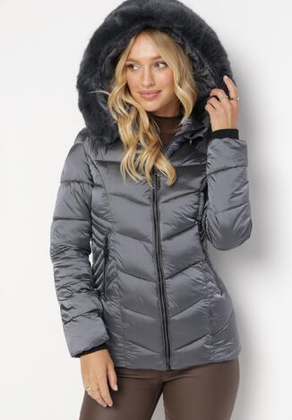 Ciemnoszara Pikowana Kurtka z Futerkiem i Kapturem Nabiba - Born2be