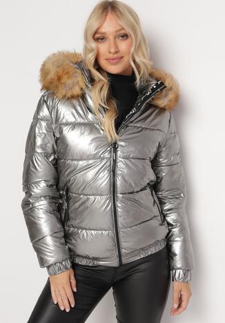 Srebrna Nylonowa Kurtka z Futerkiem Przy Szerokim Kapturze Panadesa ...