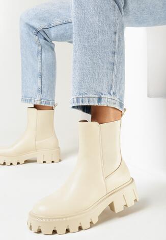 Beżowe Wsuwane Botki w Stylu Sztybletów na Traktorowej Podeszwie Adunne ...