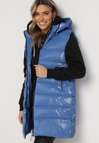 Niebieska Kamizelka Pikowana z Kapturem Clozone - Born2be