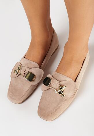 Beżowe Mokasyny na Płaskiej Podeszwie z Ozdobną Kokardą i Klamrą z ...
