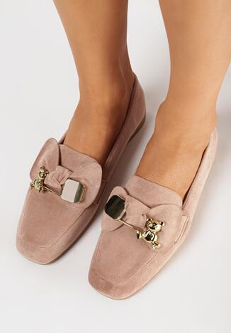 Różowe Mokasyny na Płaskiej Podeszwie z Ozdobną Kokardą i Klamrą z ...