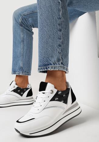 Biało-Czarne Sneakersy na Grubej Podeszwie Zdobione Brokatem i ...