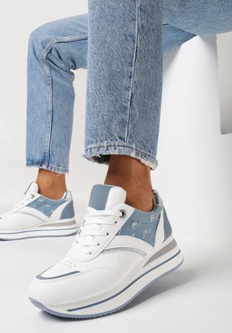 Biało-Niebieskie Sneakersy na Grubej Podeszwie Zdobione Brokatem i ...