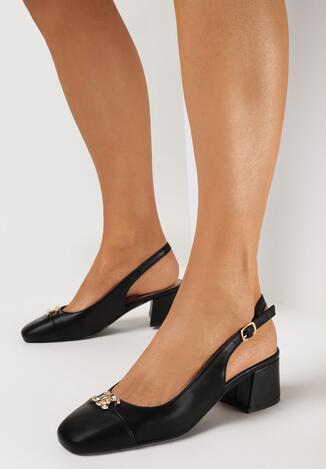 Czarne Sandały na Niskim Słupku z Kwadratowym Noskiem i Klamrą Selarin ...