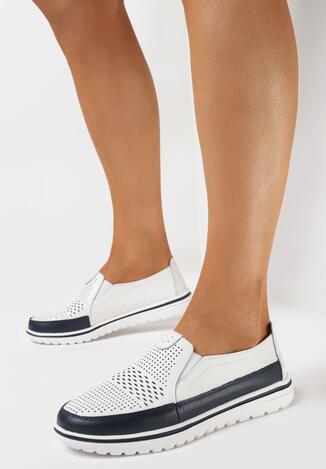 Biało-Granatowe Półbuty ze Skóry Naturalnej z Perforacją na Grubej ...