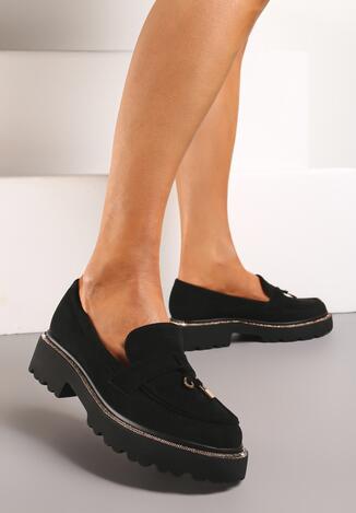 Czarne Mokasyny na Grubej Podeszwie z Cyrkoniami Perlisa - Born2be