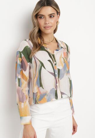 Beżowo-Zielona Koszula w Abstrakcyjny Print o Klasycznym Kroju Trieva ...