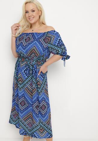 Niebieska Bawełniana Sukienka z Hiszpańskim Dekoltem Rozkloszowana z ...