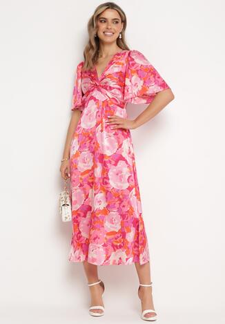 Różowa Rozkloszowana Sukienka z Marszczonym Dekoltem i Gumką w Pasie ...