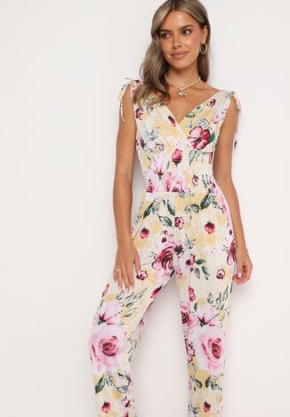 Beżowy Kombinezon w Kwiaty Wykończony Troczkami z Gumką w Talii Jalivia ...