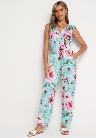 Miętowy Kombinezon w Kwiaty Wykończony Troczkami z Gumką w Talii ...