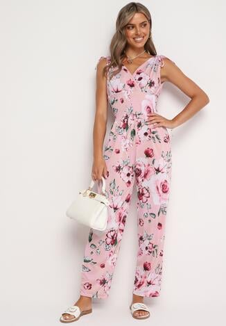Różowy Kombinezon w Kwiaty Wykończony Troczkami z Gumką w Talii Jalivia ...