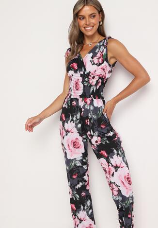 Czarno-Różowy Kombinezon w Kwiaty Wykończony Troczkami z Gumką w Talii ...