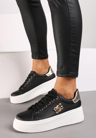 Czarno-Złote Sneakersy na Grubej Podeszwie Ozdobione Metaliczną ...