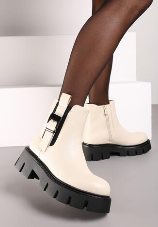 Beżowe Botki Typu Sztyblety na Grubszej Podeszwie z Ozdobną Klamerką ...