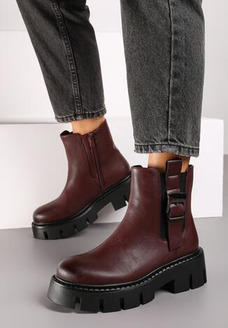 Bordowe Botki Typu Sztyblety na Grubszej Podeszwie z Ozdobną Klamerką ...