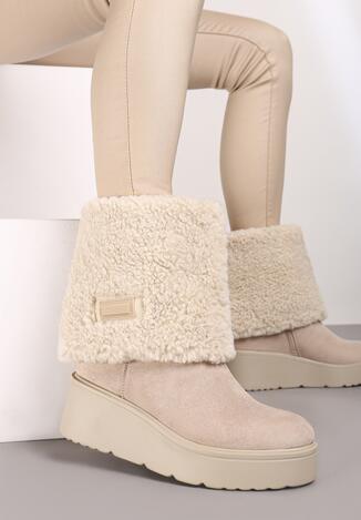 Beżowe Botki na Koturnie z Wywiniętą Futerkową Cholewką Nerevia - Born2be