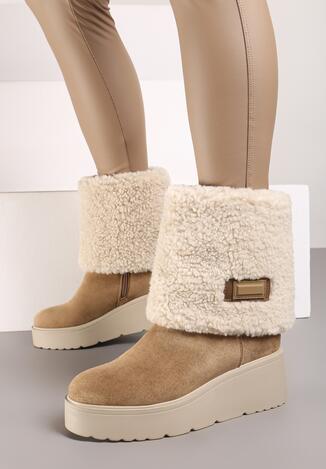 Ciemnobeżowe Botki na Koturnie z Wywiniętą Futerkową Cholewką Nerevia ...