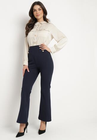 Granatowo-Beżowy Elegancki Kombinezon z Koszulową Górą z Wiązaniem i ...