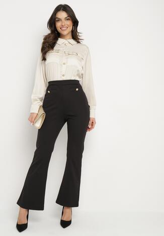 Czarno-Beżowy Elegancki Kombinezon z Koszulową Górą z Wiązaniem i ...