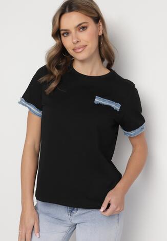 Czarna Bluzka Oversize z Bawełny z Krótkim Rękawem i Ozdobnymi ...