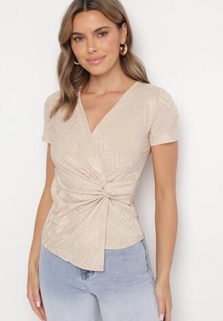 Beżowa Kopertowa Bluzka z Wiskozą z Krótkim Rękawem i Marszczeniem w ...
