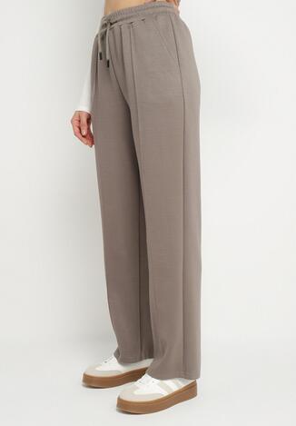 Brązowe Spodnie Dresowe z Wiskozą o Szerokim Kroju z Wysokim Stanem ...