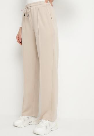 Beżowe Spodnie Dresowe z Wiskozą o Szerokim Kroju z Wysokim Stanem ...