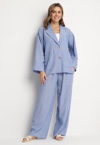 Niebieski Komplet Garniturowy Marynarka z Kieszeniami i Szerokie ...