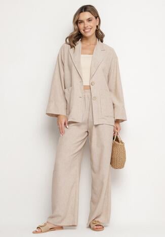 Beżowy Komplet Garniturowy Marynarka z Kieszeniami i Szerokie Spodnie ...
