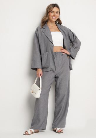 Szary Komplet Garniturowy Marynarka z Kieszeniami i Szerokie Spodnie ...