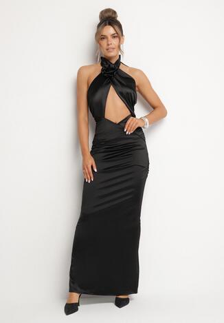 Czarna Satynowa Sukienka Wiązana na Szyi z Wycięciem pod Biustem i ...