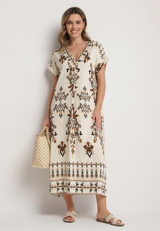 Brązowa Sukienka z Lnem o Pudełkowym Kroju z Dekoltem w Serek Iffire ...