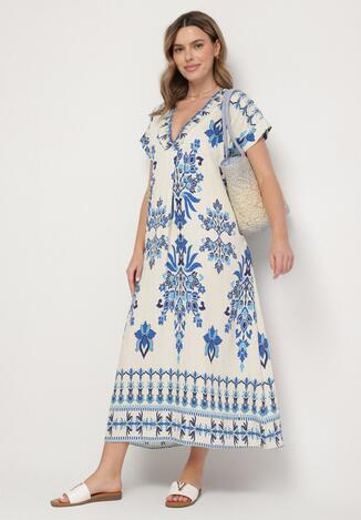 Niebieska Sukienka z Lnem o Pudełkowym Kroju z Dekoltem w Serek Iffire ...