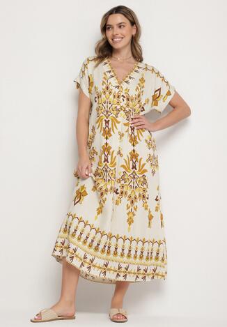 Żółta Sukienka z Lnem o Pudełkowym Kroju z Dekoltem w Serek Iffire ...