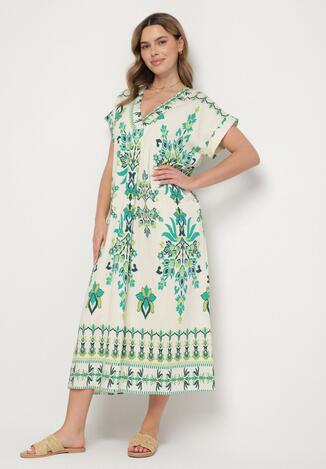 Zielona Sukienka z Lnem o Pudełkowym Kroju z Dekoltem w Serek Iffire ...