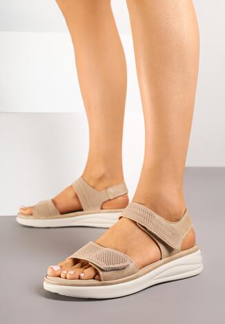 Ciemnobeżowe Sandały Zdobione Perforacją Zapinane na Rzep Flenna - Born2be