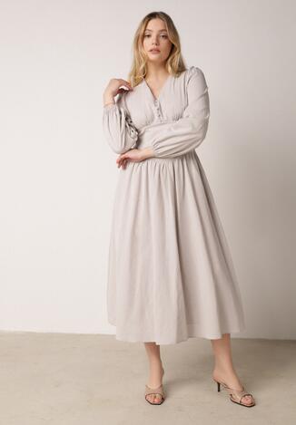 Rochie Bej deschis cu viscoză cu talie corset și mâneci bufante Aniste ...