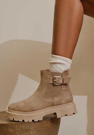 Botine plate bej închis în stil cizme Chelsea, decorate cu curea cu ...