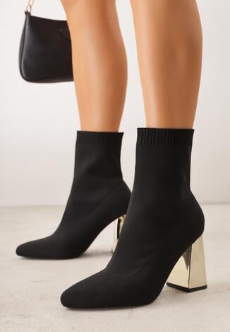 Botine Negru-Auriu Elegante VICES cu toc gros cu carâmb tip șosetă ...