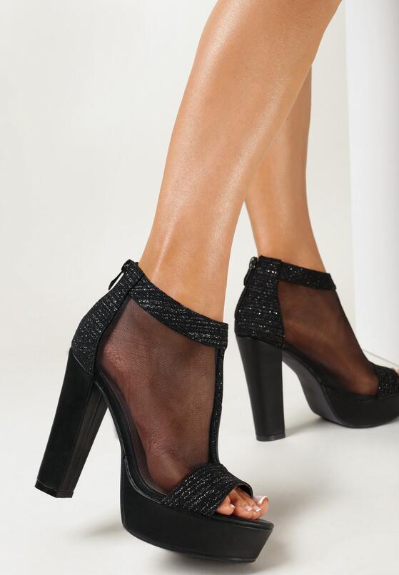 Czarne Siateczkowe Botki Peep Toe na Słupku Zdobione Brokatem Ceta ...