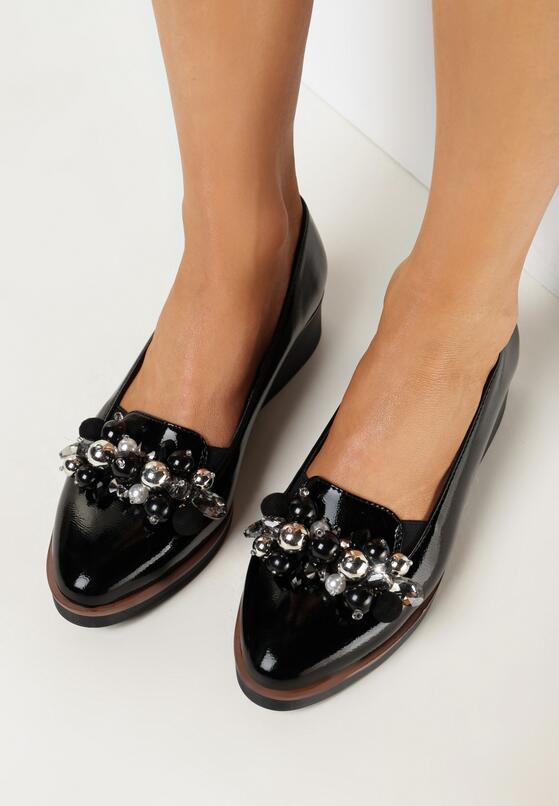 Czarne Półbuty na Koturnie z Kryształkami i Skórzaną Wkładką Ivyonna ...