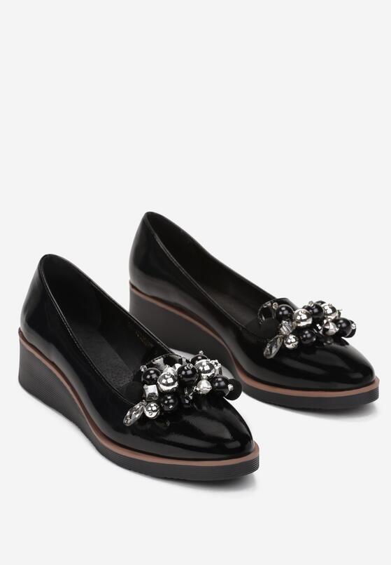 Czarne Półbuty na Koturnie z Kryształkami i Skórzaną Wkładką Ivyonna ...