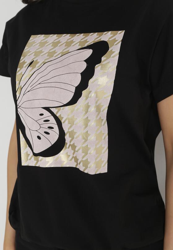 Czarny T-shirt z Bawełny z Nadrukiem z Motylem i Ściągaczem na Dole ...