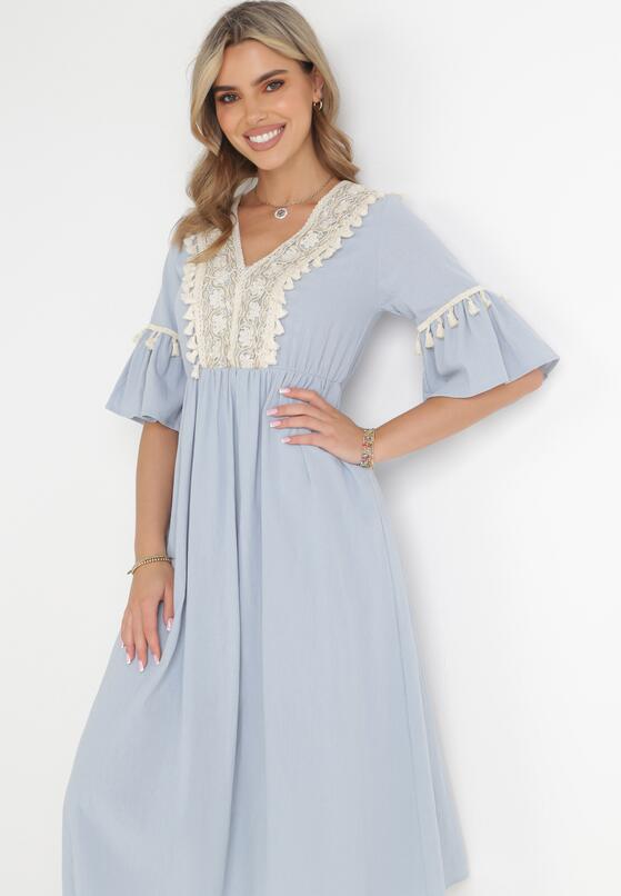 Niebieska Rozkloszowana Sukienka Midi z Gumką w Pasie z Ozdobnym ...