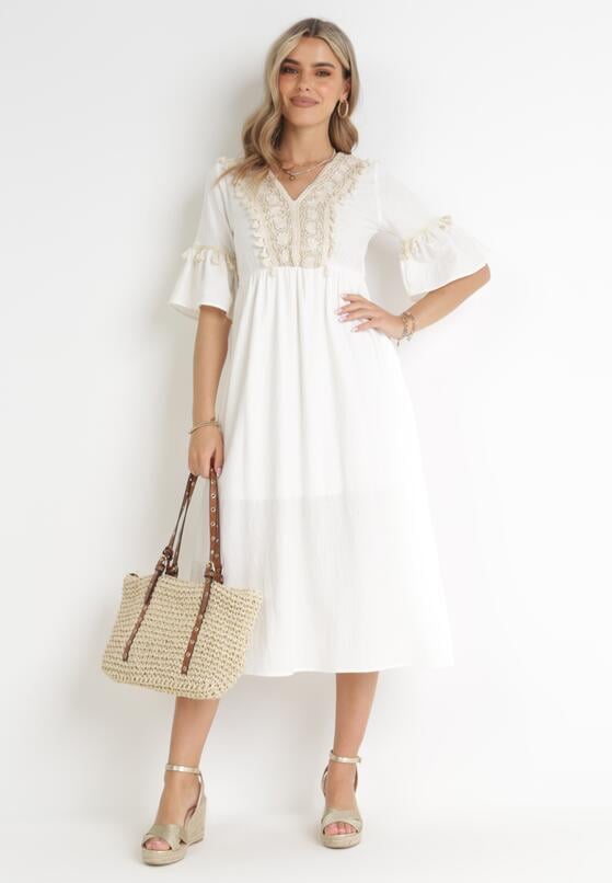 Biała Rozkloszowana Sukienka Midi z Gumką w Pasie z Ozdobnym Dekoltem ...